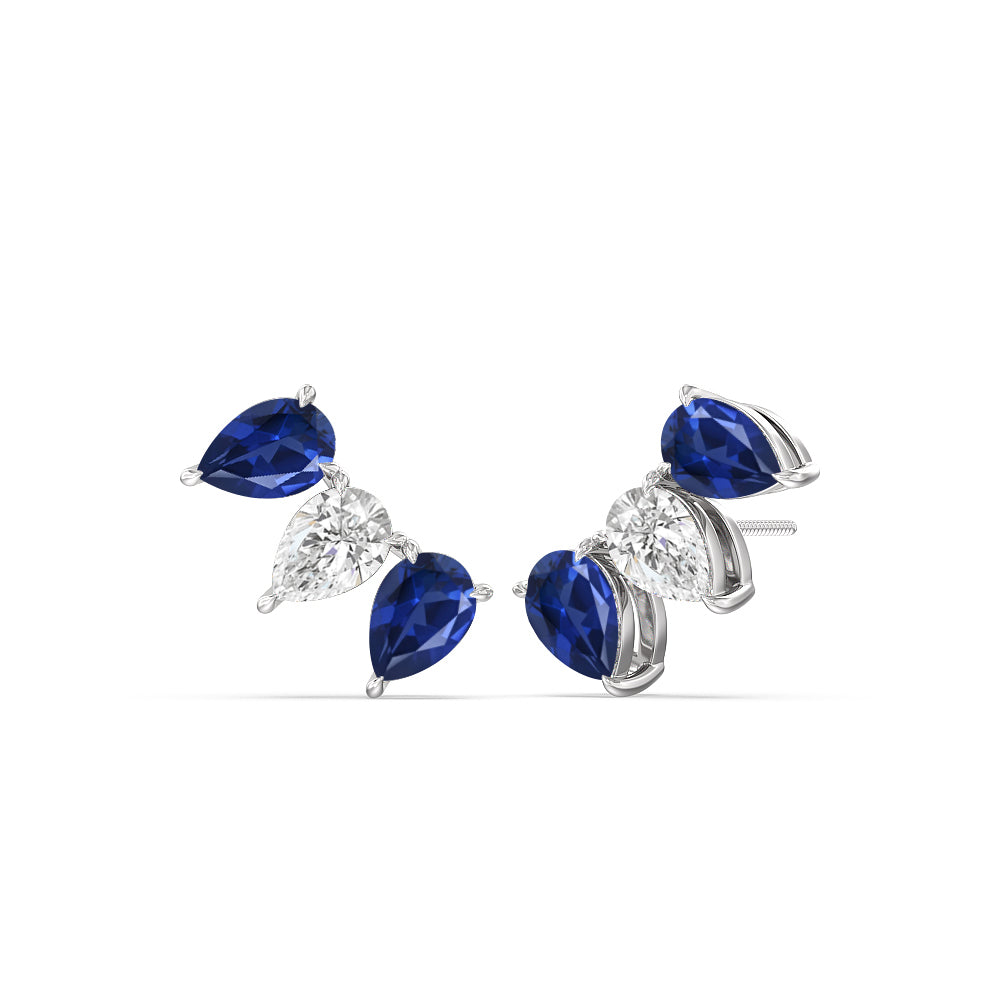 Trilogy Pear Cut Diamond and Created Sapphire Climber Stud Earrings 14kt White Gold by with Clarity