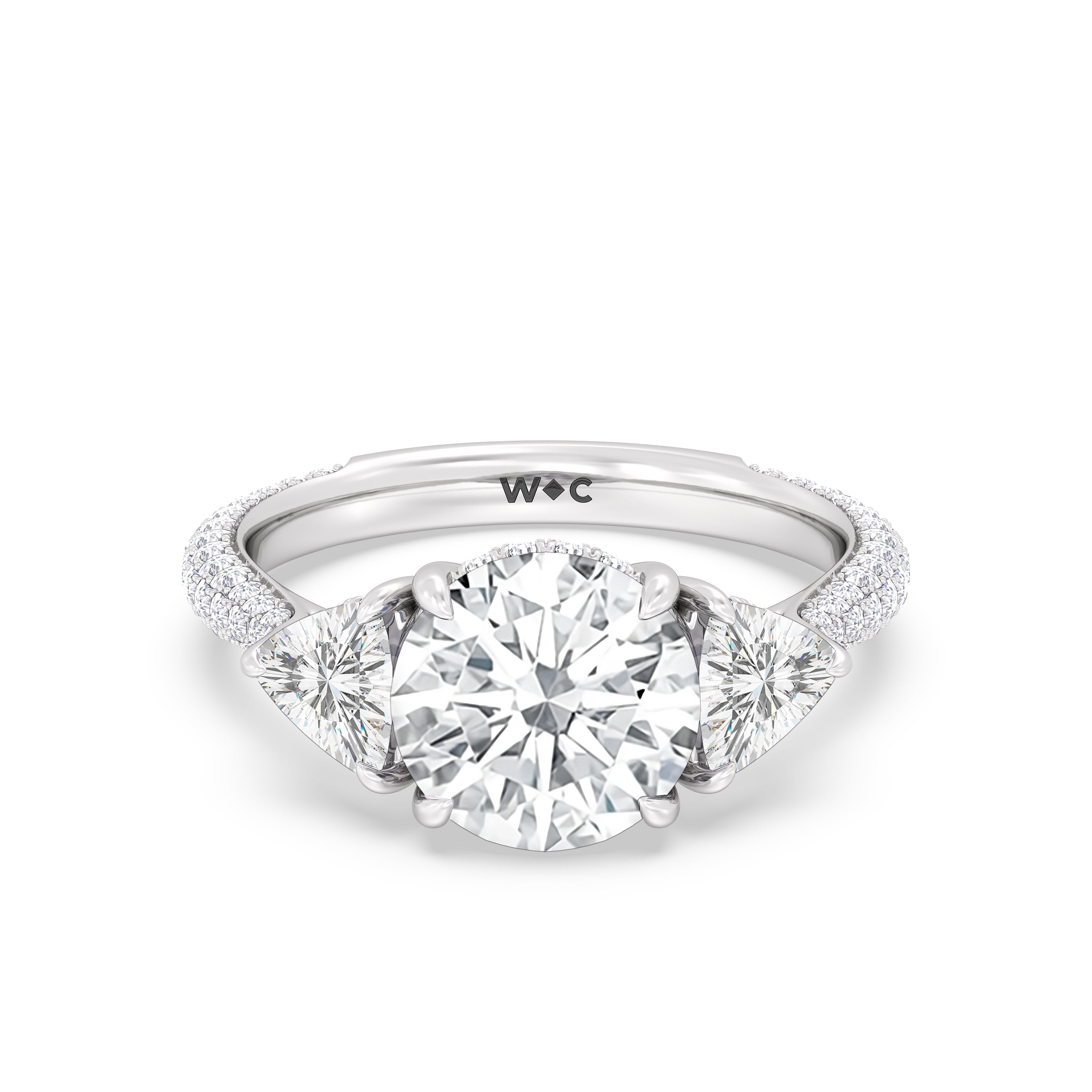 Elegance Three Stone Pave Engagement Ring – With Clarity