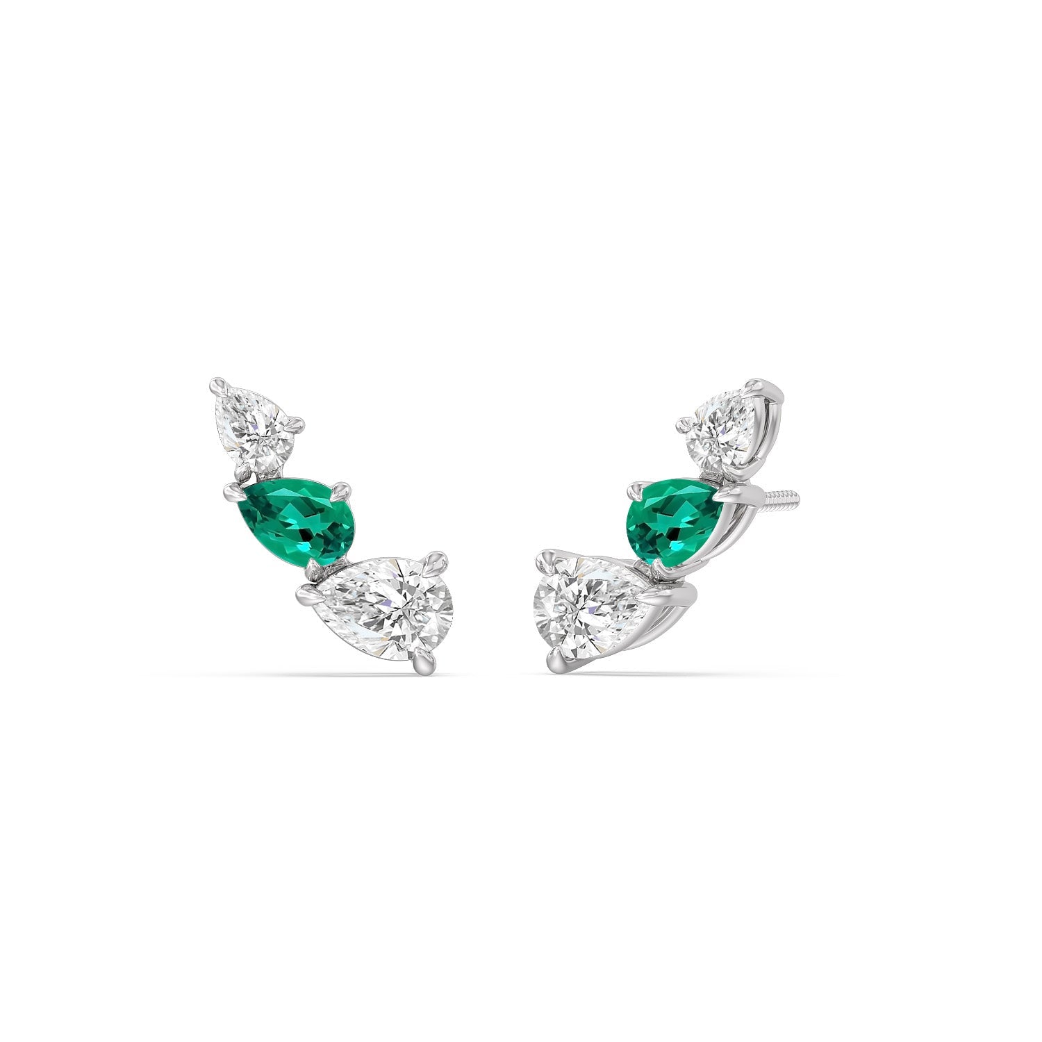 Trilogy Pear Shape Diamond And Created Emerald Concave Climber Earring ...