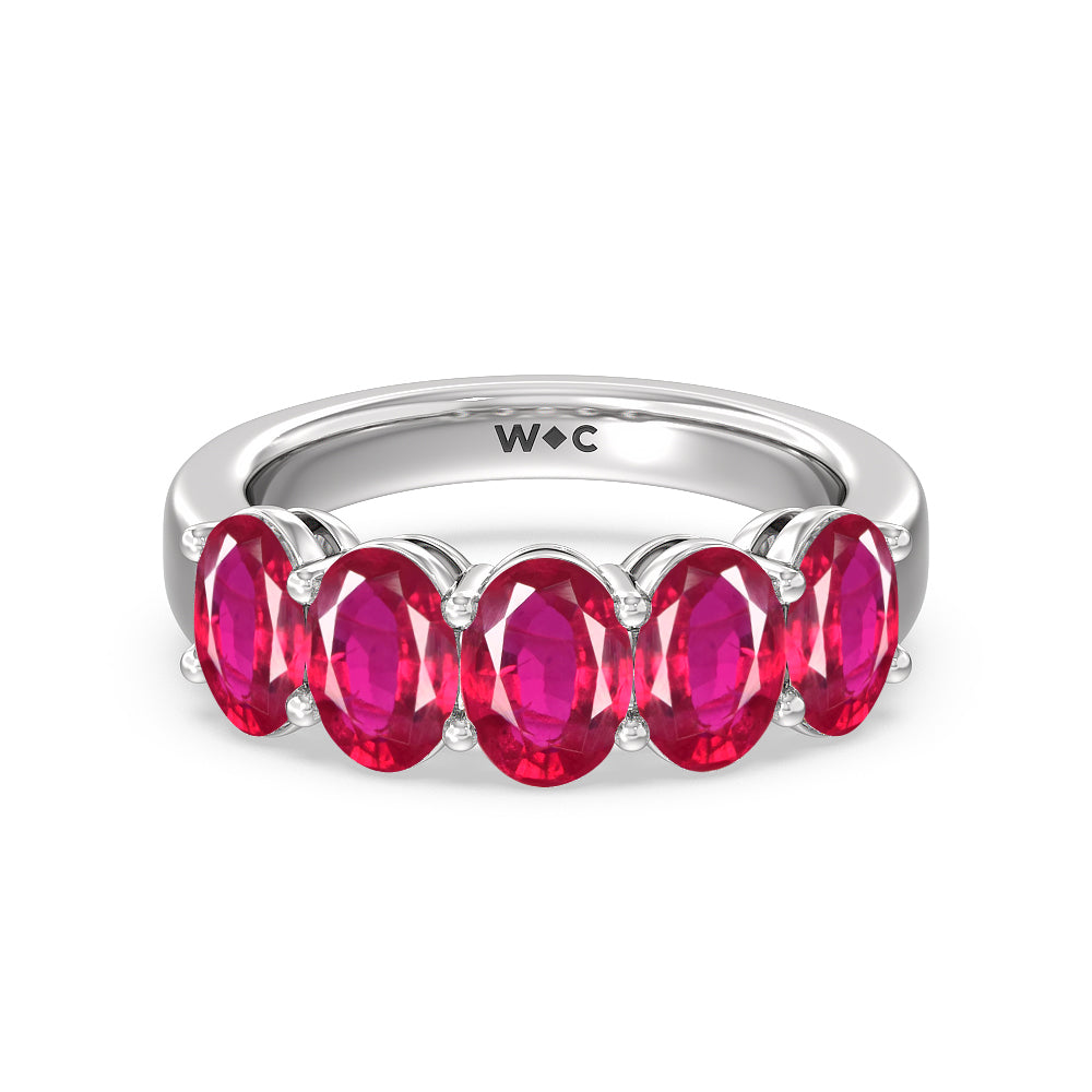 Five Stone Created Ruby Oval Anniversary Ring – With Clarity